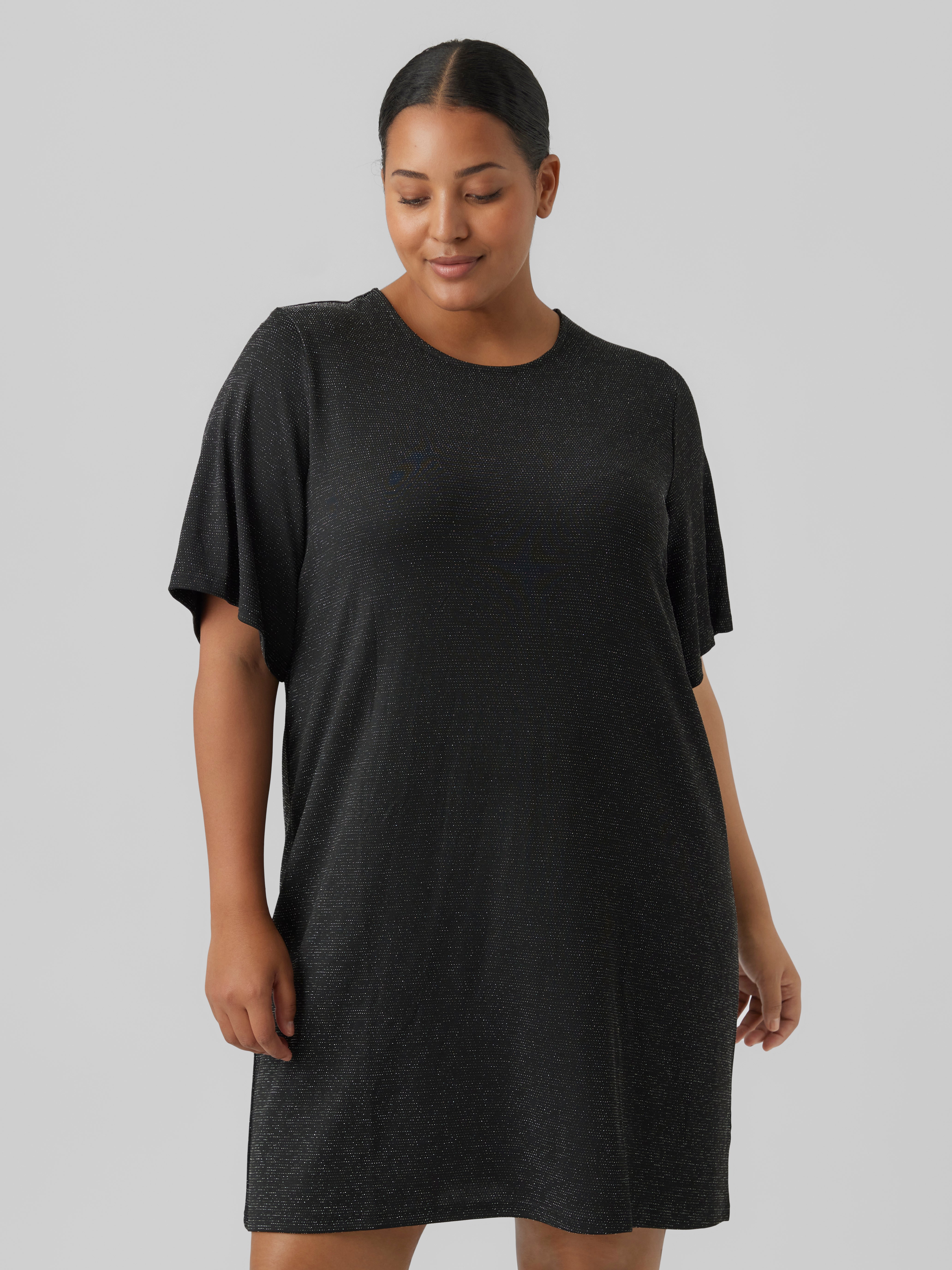 Locker geschnitten Rundhals Curve Weite Ärmel Kurzes Kleid | Schwarz ...