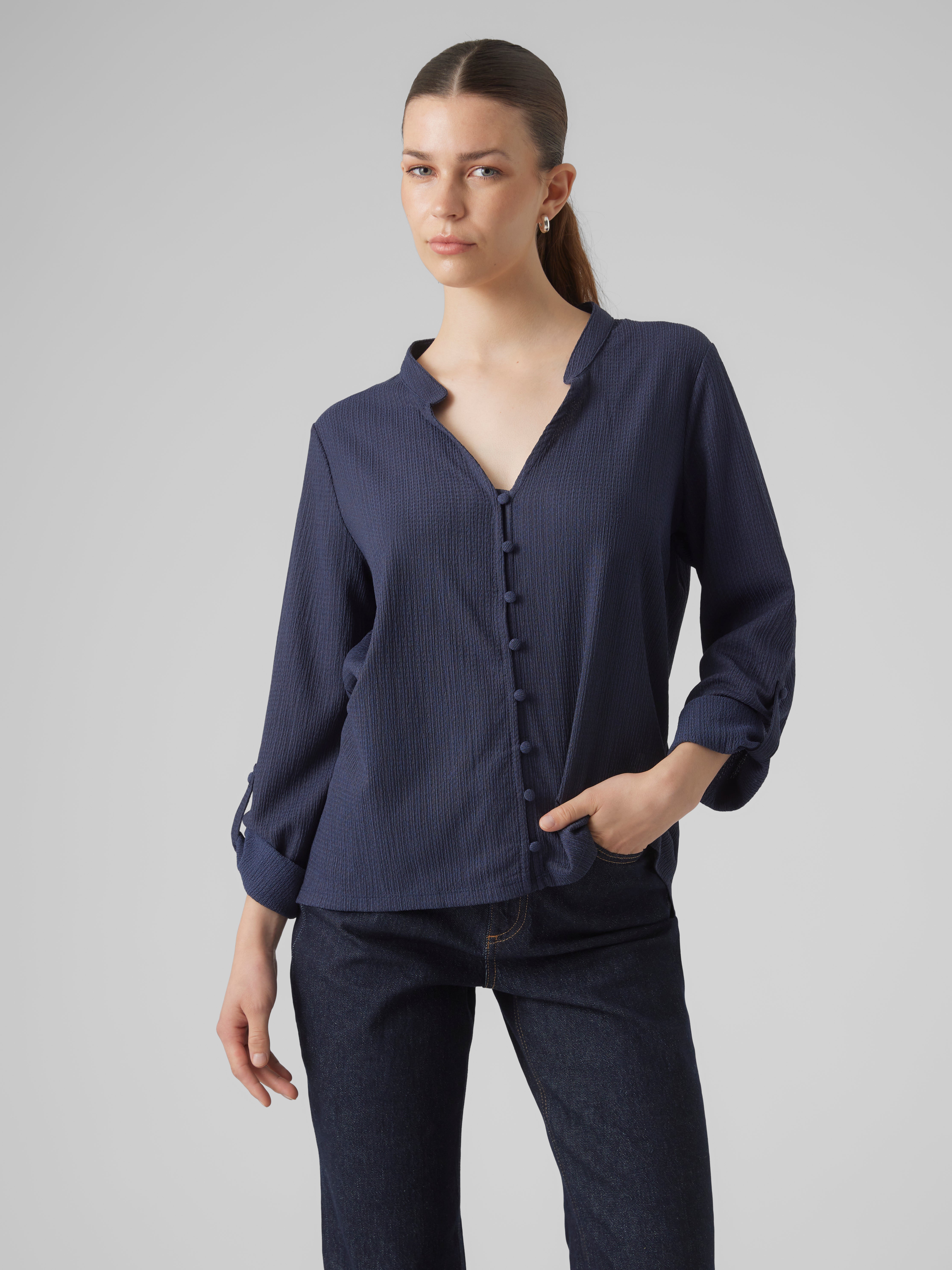 Regular Fit China Collar Fold up cuffs Shirt | Dark Blue | Vero Moda®