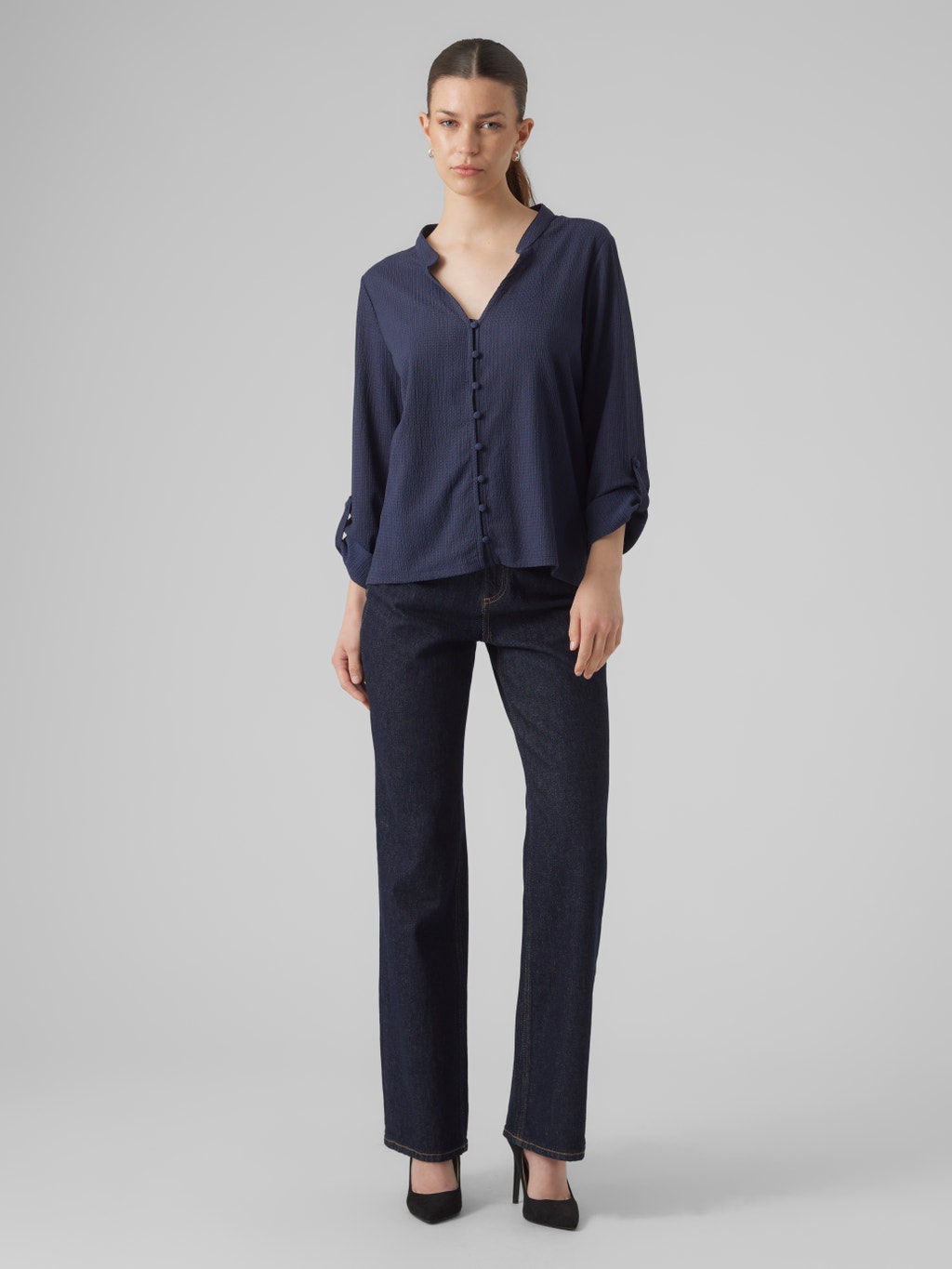 Regular Fit China Collar Fold up cuffs Shirt | Dark Blue | Vero Moda®