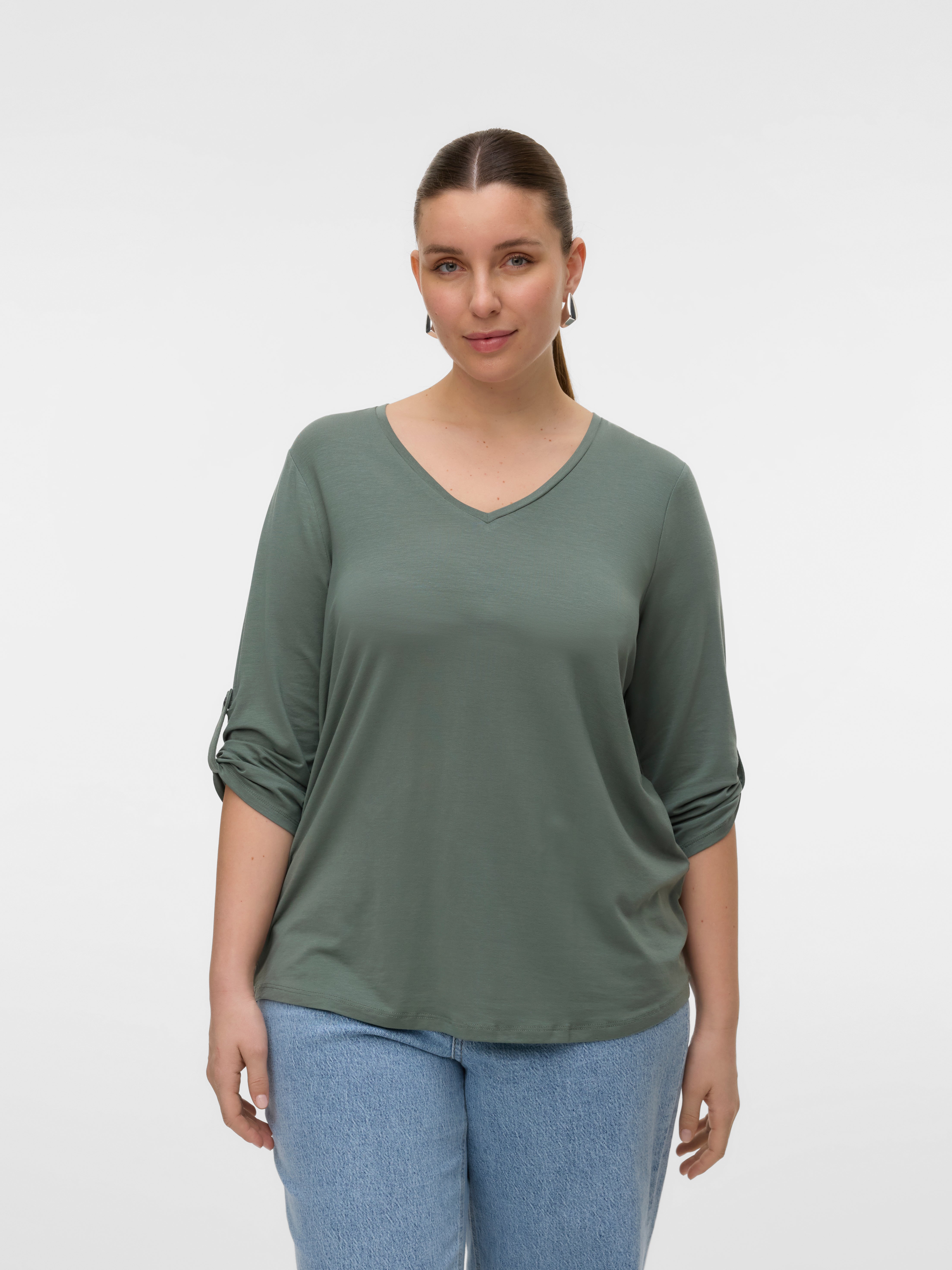 Tops Regular Fit Col en V Curve Manches classiques | Vert moyen | Vero ...
